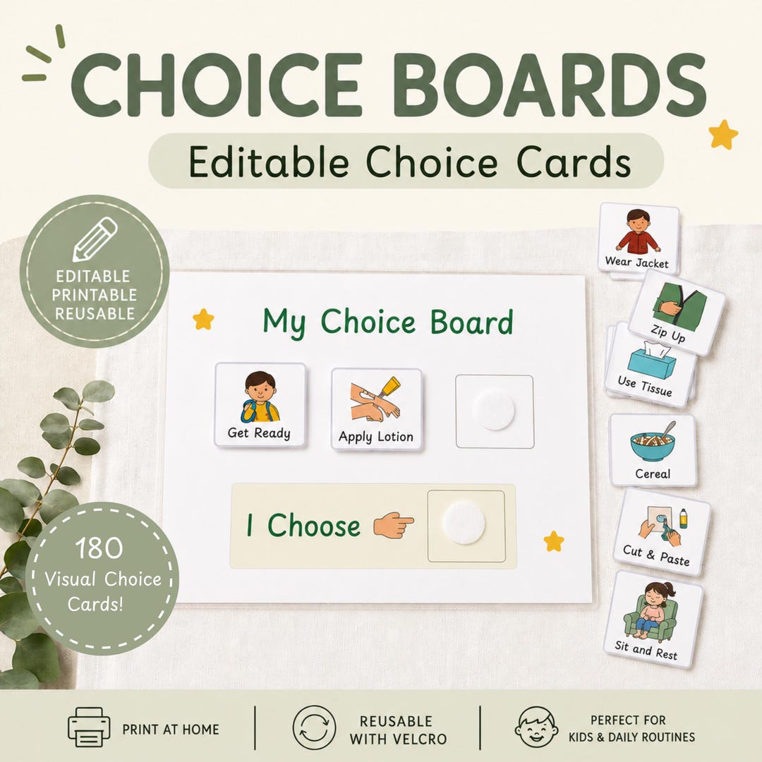 Choice Boards for Kids, 180 Visual Cards, Editable Canva Template ...
