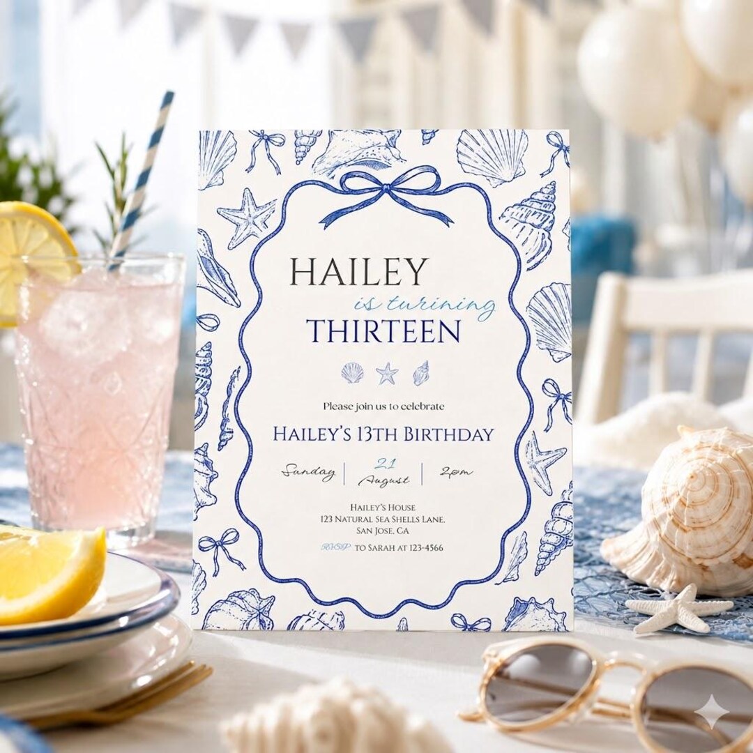 Seashell Girl 13th Birthday Invitation Editable Summer Party Template