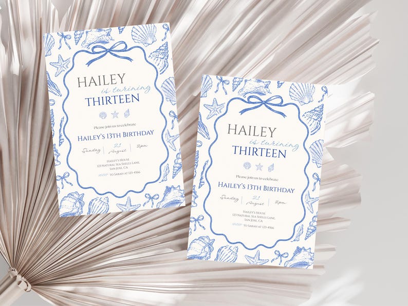 Seashell Girl 13th Birthday Invitation Editable Summer Party Template