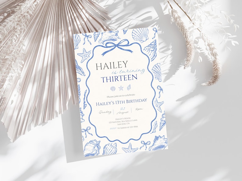 Seashell Girl 13th Birthday Invitation Editable Summer Party Template