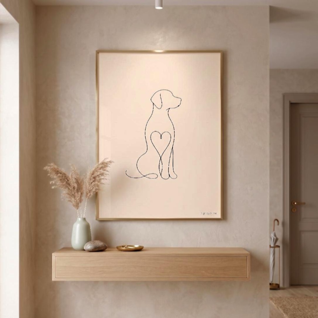 Minimalist Dog Line Print, Continuous Heart Pet Illustration Download ...