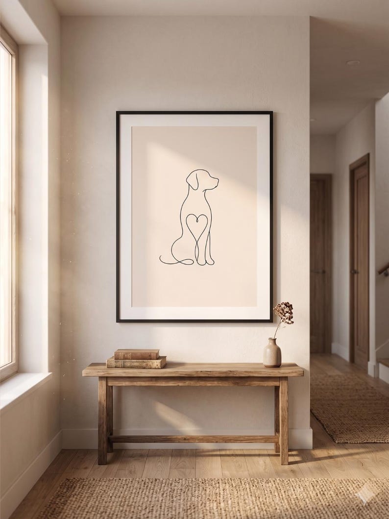 Minimalist Dog Line Print, Continuous Heart Pet Illustration Download ...