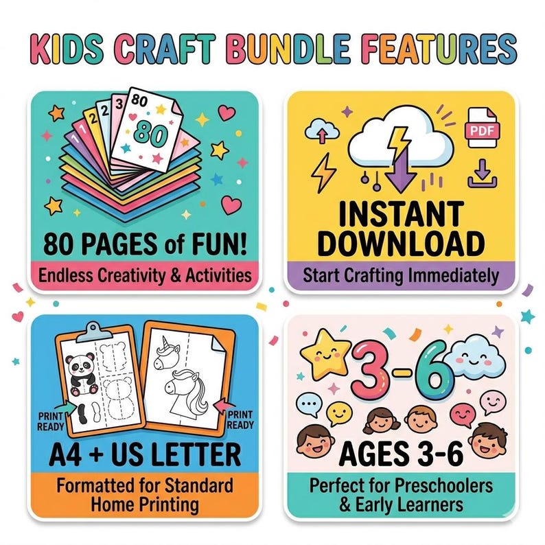 Kids Craft Activity Book Printable PDF, 80 Pages Cut and Paste Crafts ...