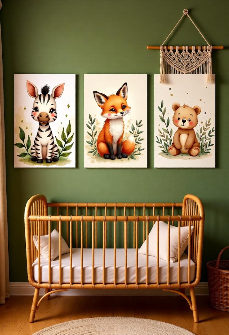 Nursery Baby Animal Prints Bear Fox Zebra Watercolor Art Digital