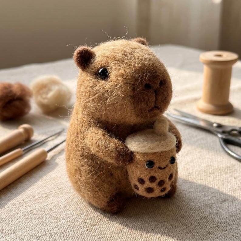Brown Capybara Holding Boba Bubble Tea Cup Needle Felting Kit Wool Desk ...
