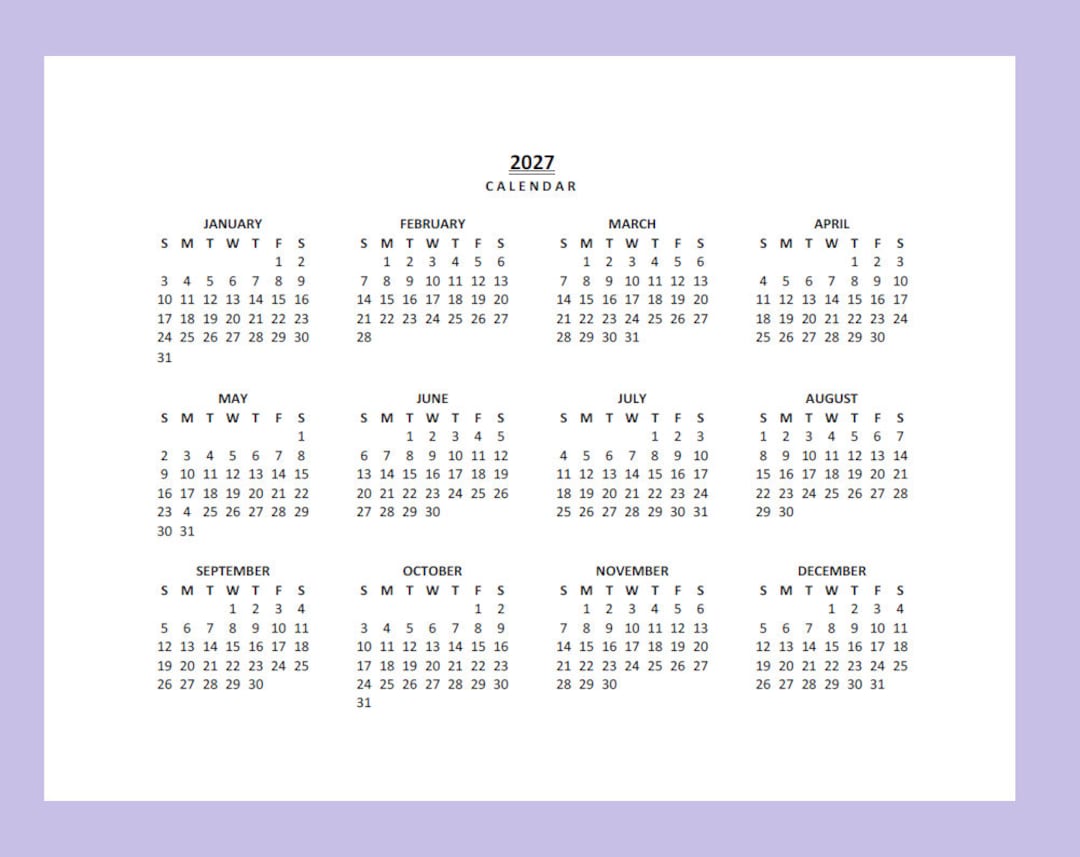 2027 Yearly Calendar Printable, Sunday Start, Year at a Glance ...