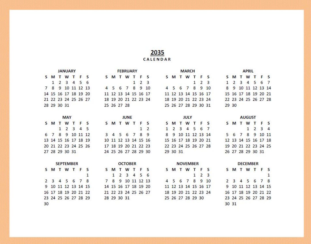 2035 Yearly Calendar Printable, Sunday Start, Year at a Glance ...