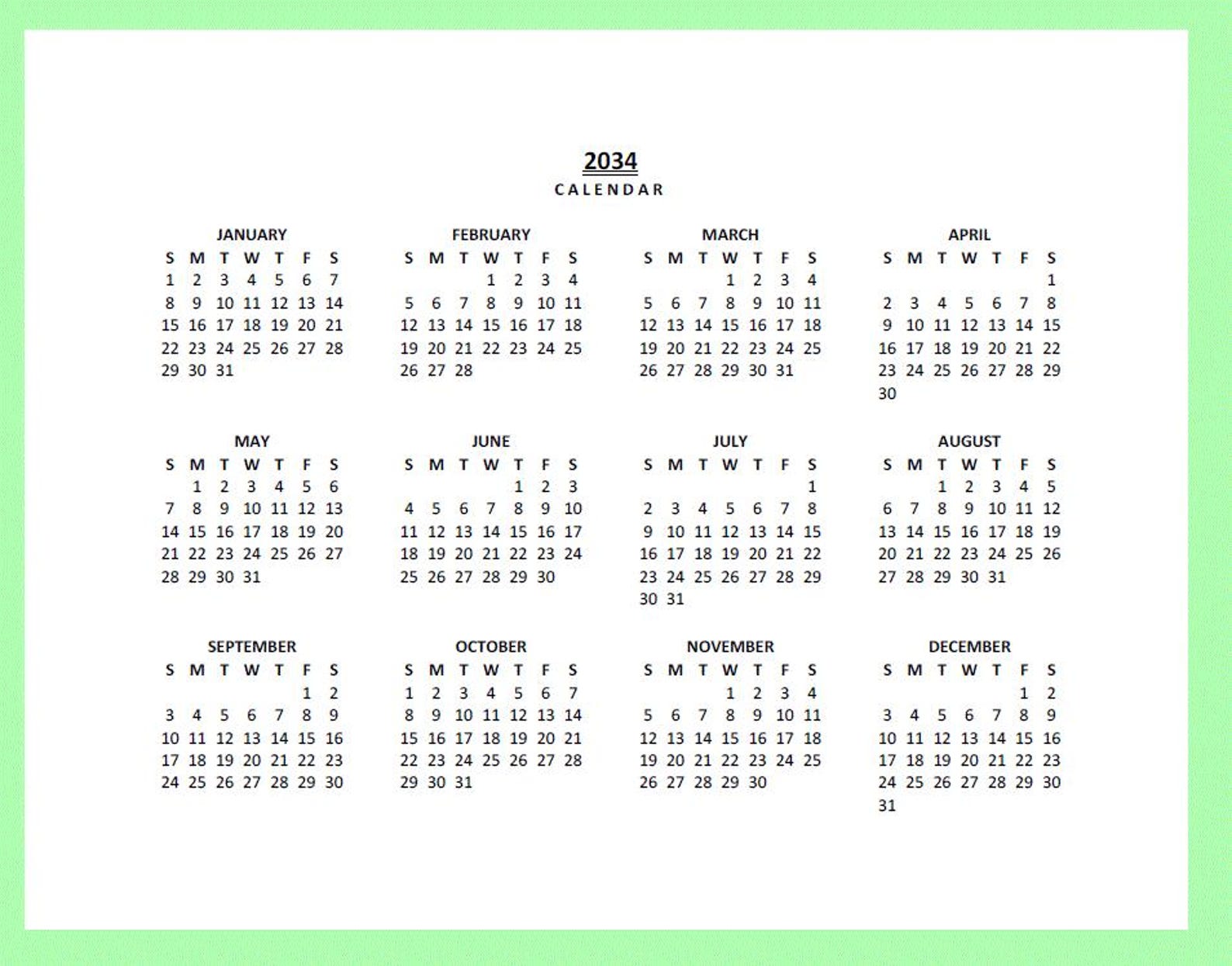 2034 Yearly Calendar Printable, Sunday Start, Year at a Glance ...