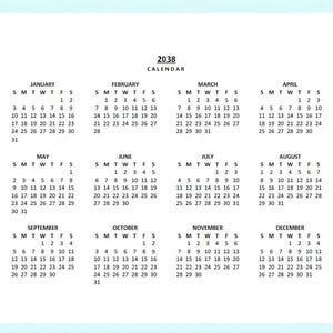 2038 Yearly Calendar Printable, Sunday Start, Year at a Glance ...
