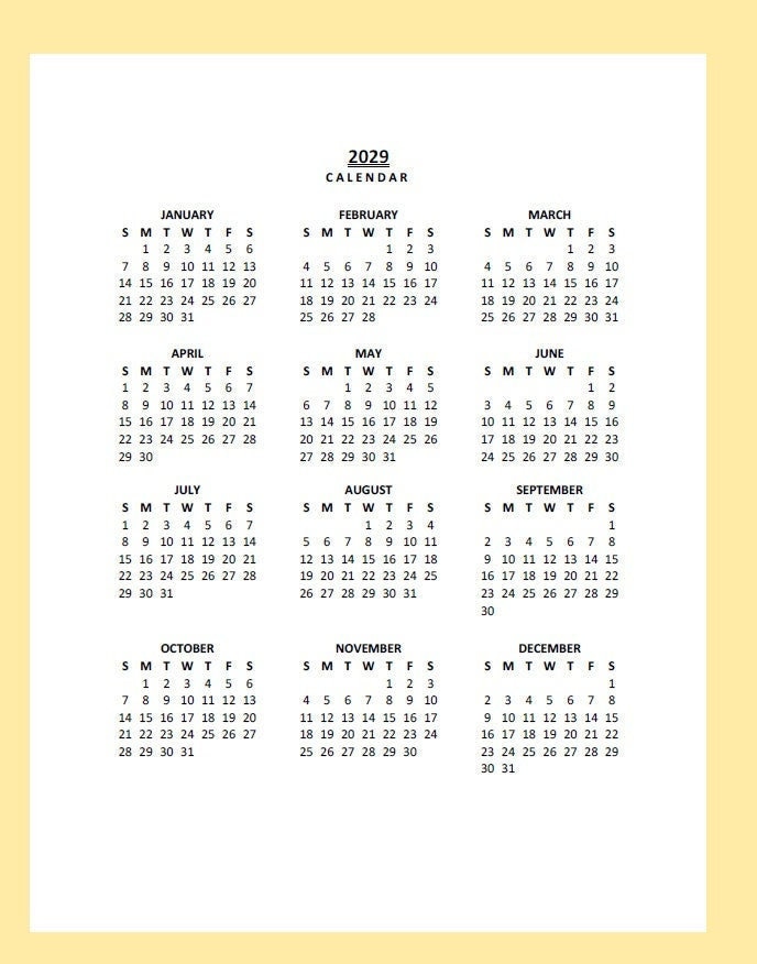 2029 Yearly Calendar Printable, Sunday Start, Year at a Glance, PDF ...