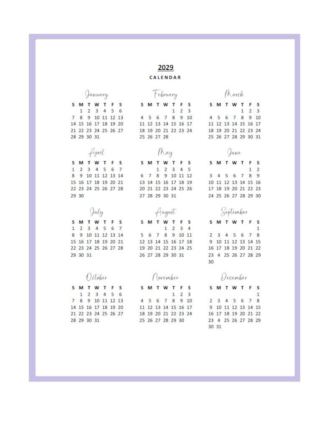 Simple 2029 Yearly Calendar Overview Printable, Sunday Start, Year at a ...