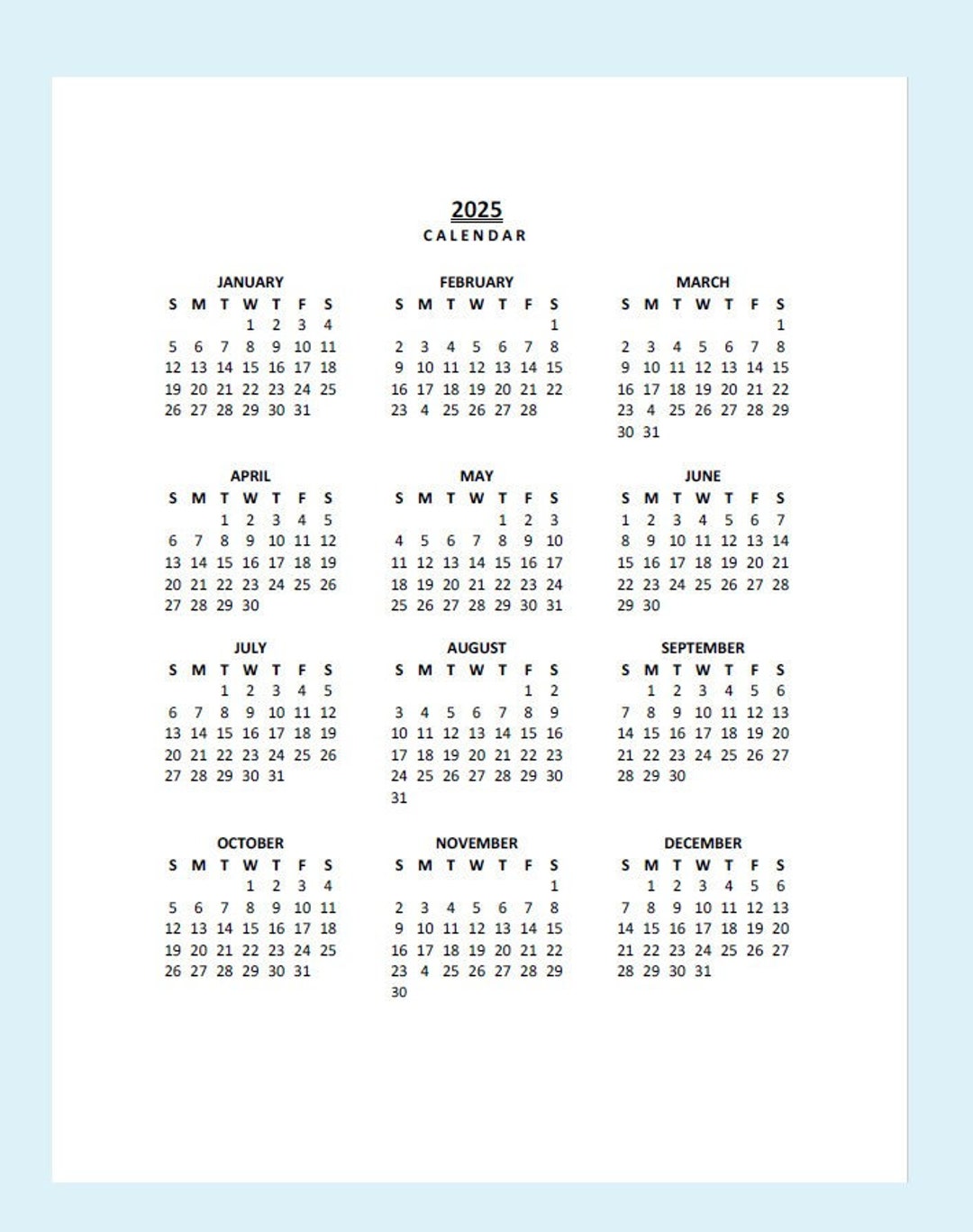 2025 Yearly Calendar Printable, Sunday Start, Year at a Glance, PDF ...