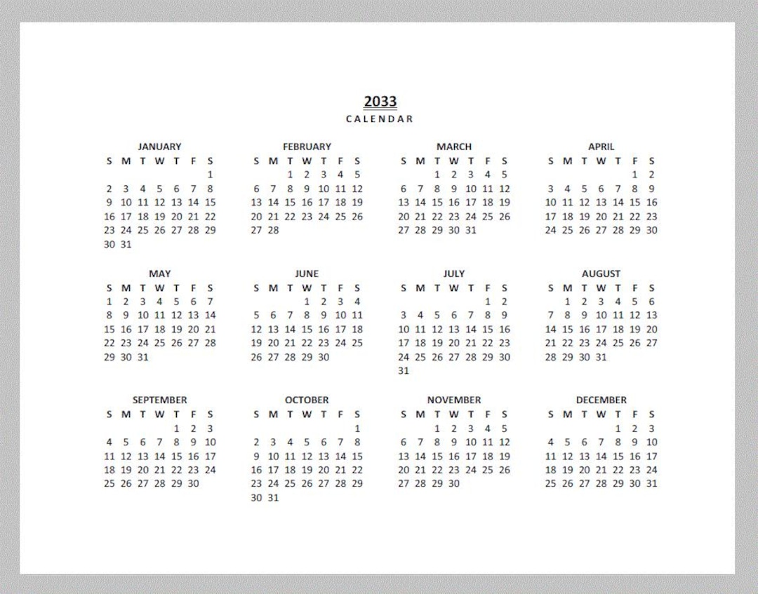 2033 Yearly Calendar Printable, Sunday Start, Year at a Glance ...