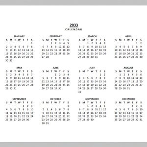 2033 Yearly Calendar Printable, Sunday Start, Year at a Glance ...