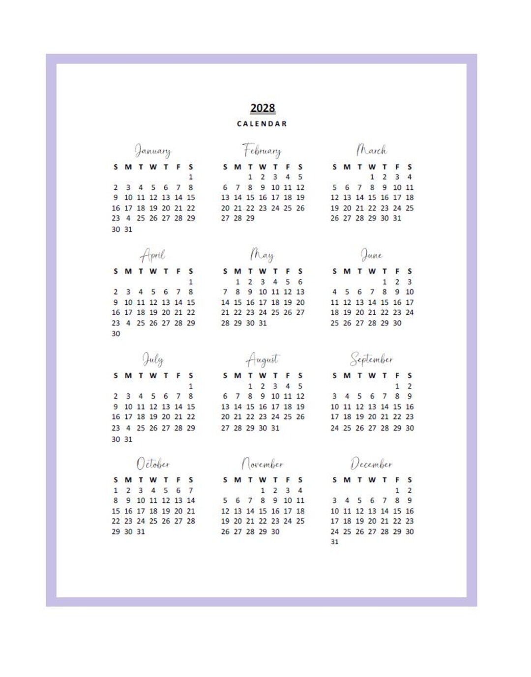Simple 2028 Yearly Calendar Overview Printable, Sunday Start, Year at a ...