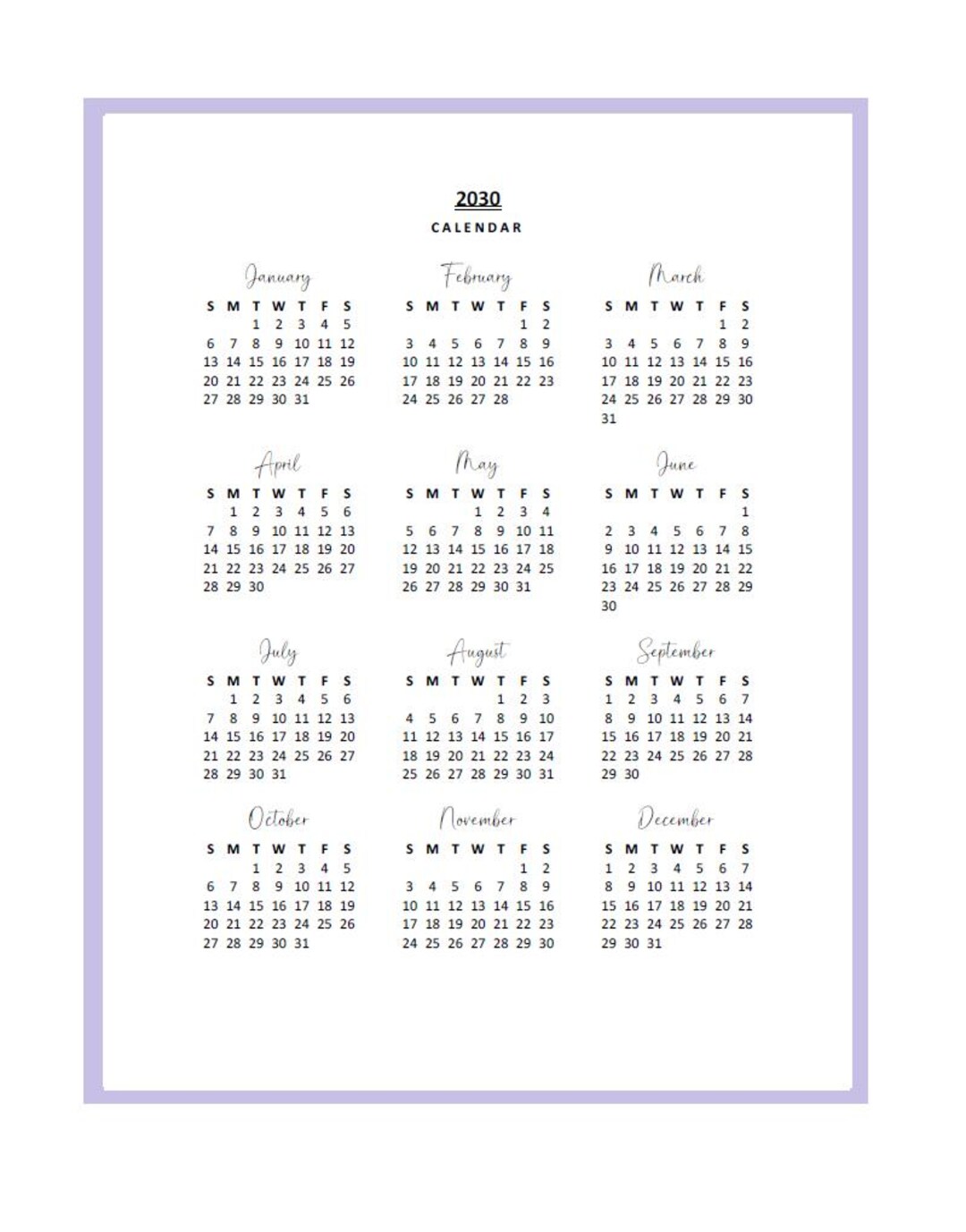 Simple 2030 Yearly Calendar Overview Printable, Sunday Start, Year at a ...