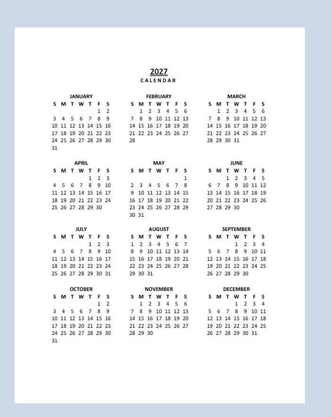 2027 Yearly Calendar Printable, Sunday Start, Year at a Glance, PDF ...