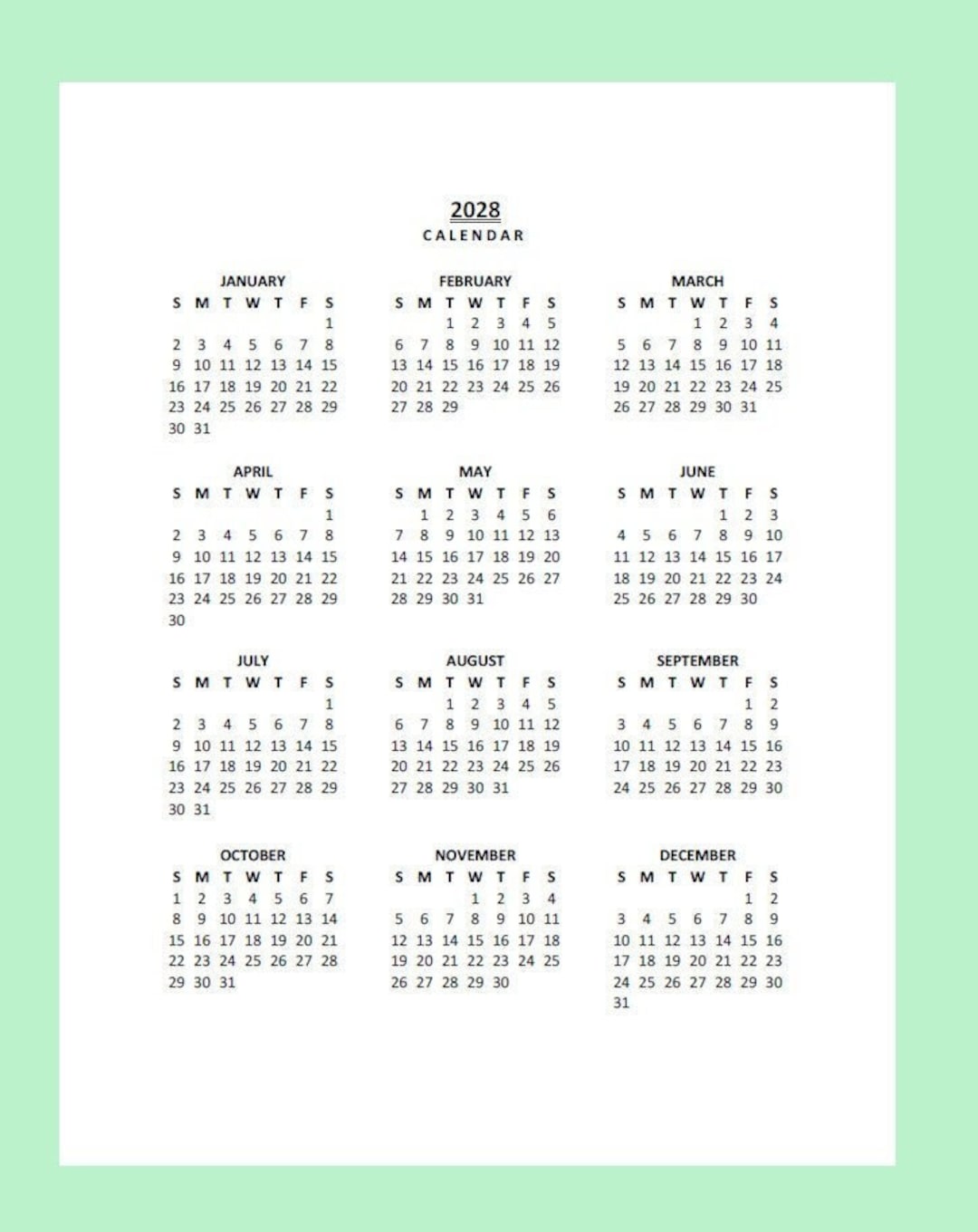2028 Yearly Calendar Printable, Sunday Start, Year at a Glance, PDF ...