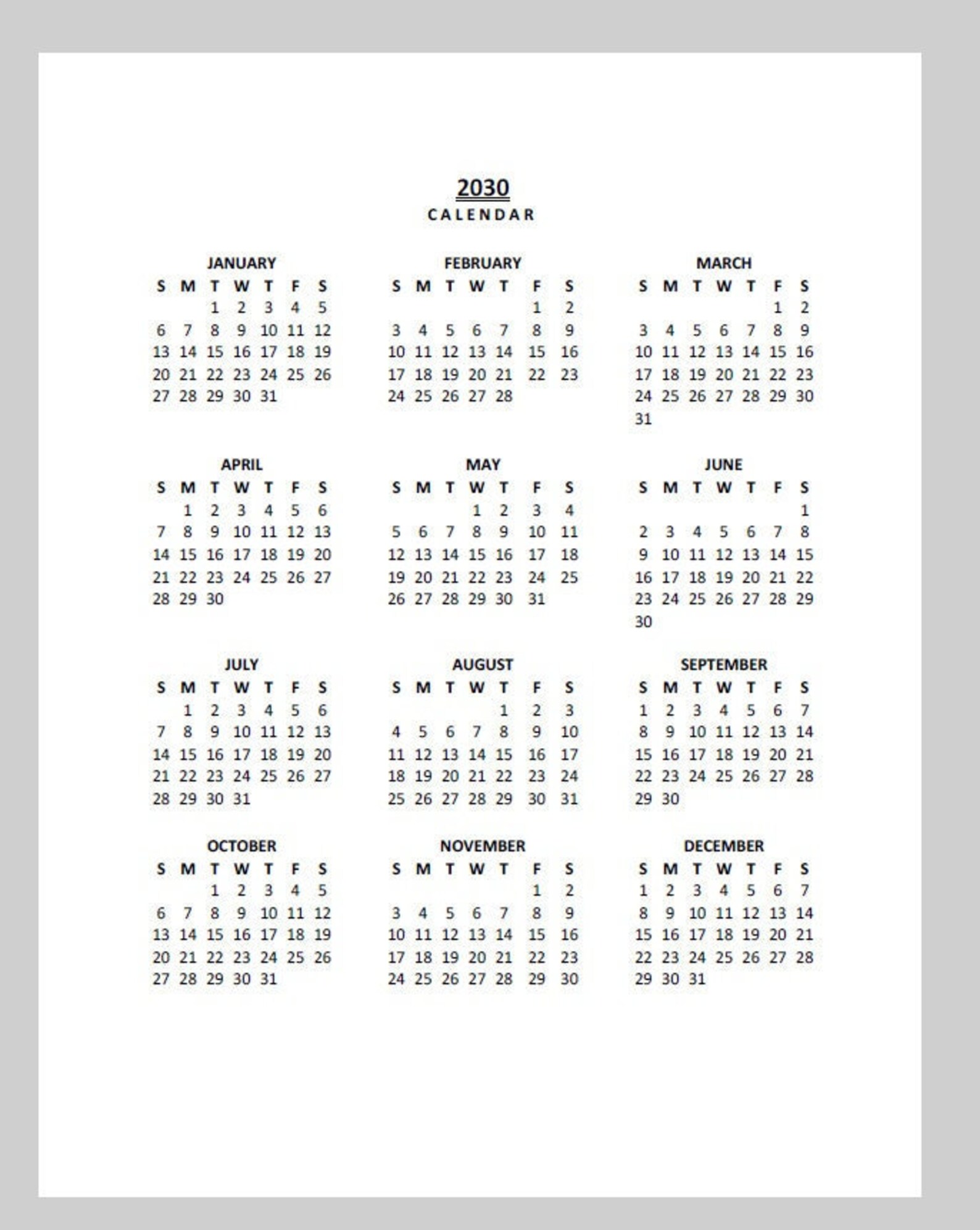 2030 Yearly Calendar Printable, Sunday Start, Year at a Glance, PDF ...