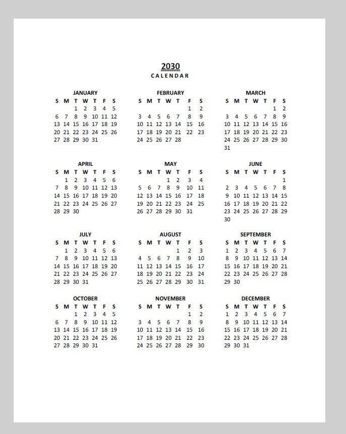 2030 Yearly Calendar Printable, Sunday Start, Year at a Glance, PDF ...