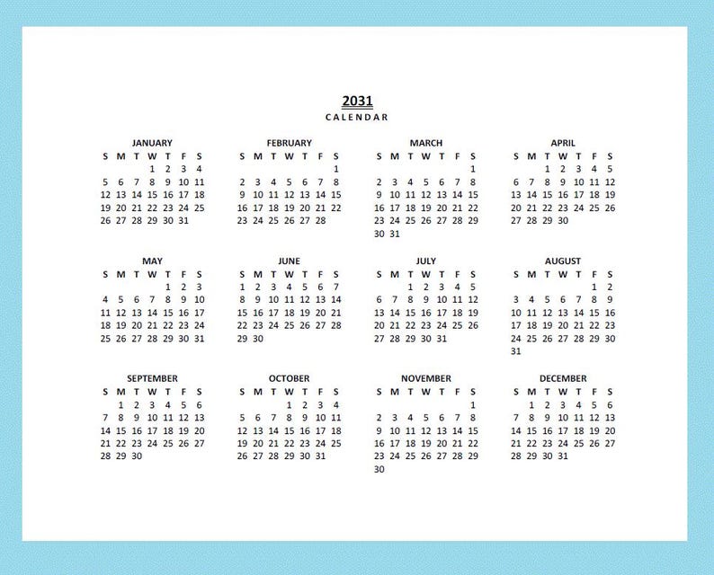 2031 Yearly Calendar Printable, Sunday Start, Year at a Glance ...