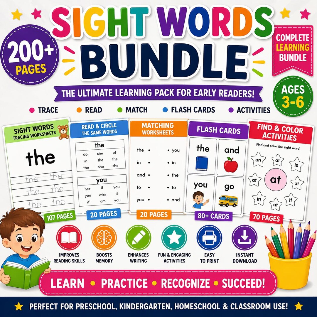 Preschool Kindergarten Sight Words Bundle | Tracing, Matching, Flash ...