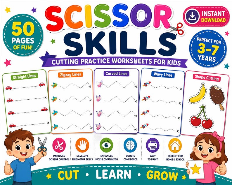 Scissor Skills Worksheets for Kids | 50 Cutting Practice Pages, Fine ...