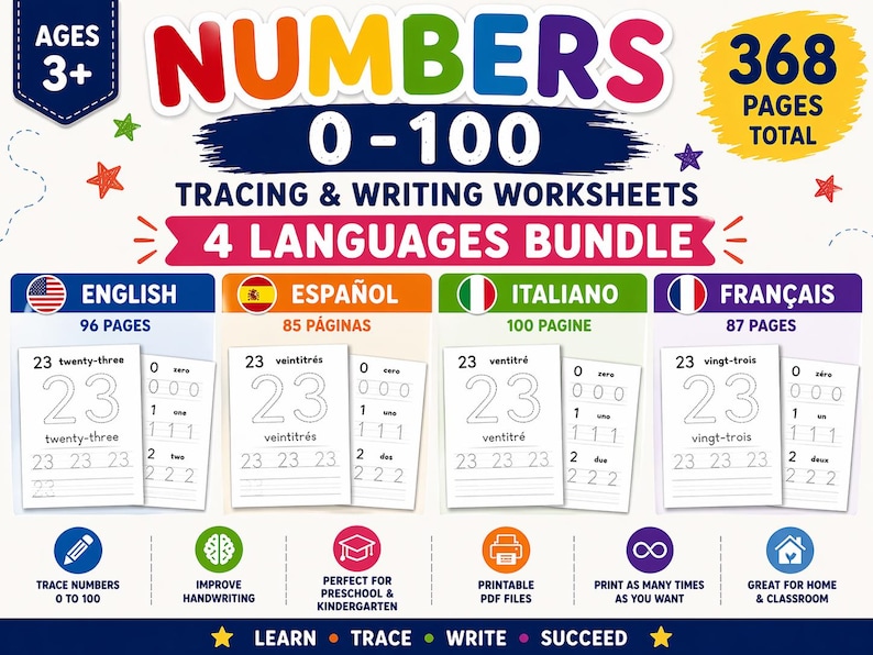 Numbers 0-100 Tracing Worksheets | 4 Languages (english, Spanish ...