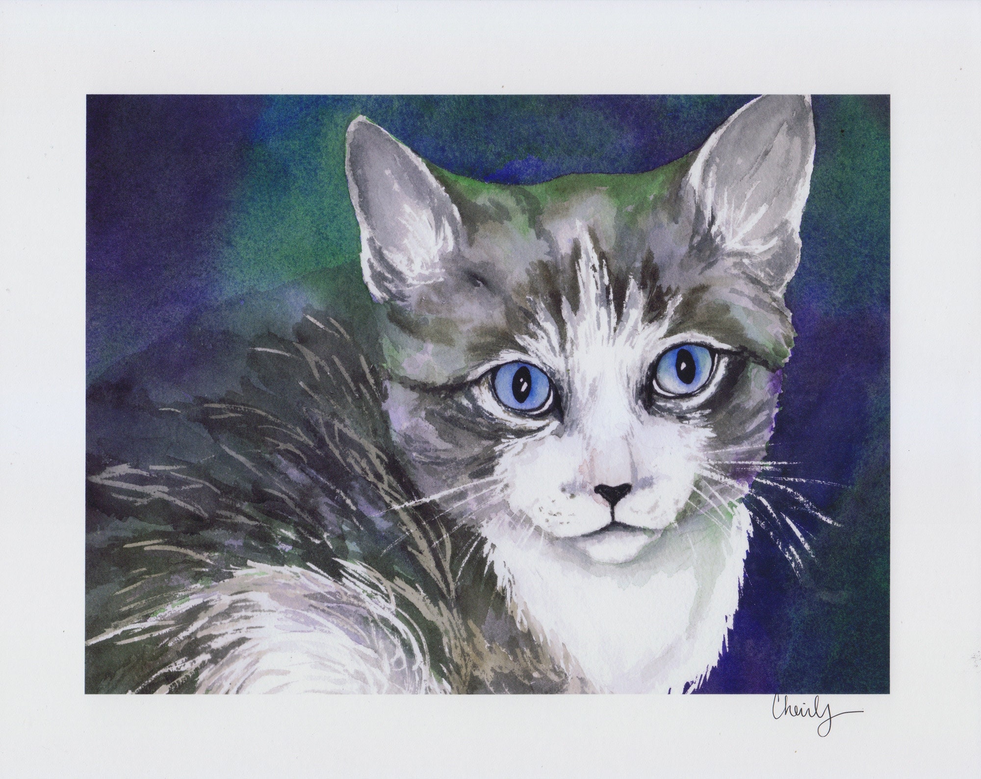 Grey and White Kitten Cat Print Watercolor Art Painting 8x10 Ready to ...