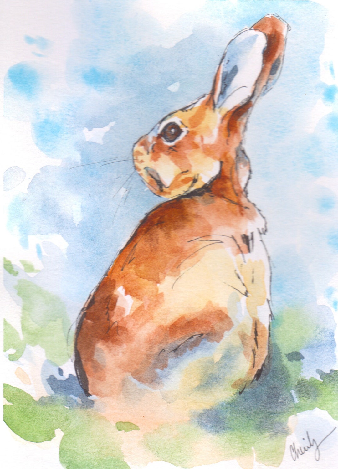 Rabbit Original Watercolor Painting Art Illustration Bunny in Grass 5x7 ...