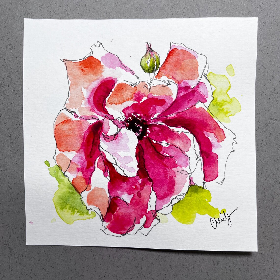 Red Rose and Bud Flower Line and Wash Watercolor Original Pen and Ink ...