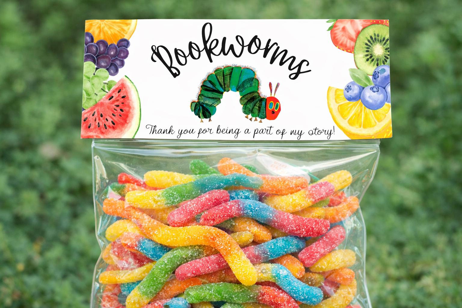 Bookworm Gummy Worm Treat Bag Topper | ONE for the Books Birthday Favor ...