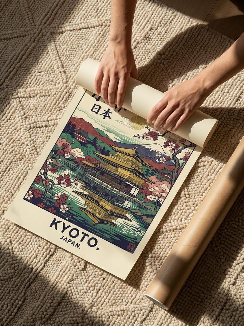 Vintage Kyoto Japan Poster | Golden Pavilion Travel Print | Cherry ...