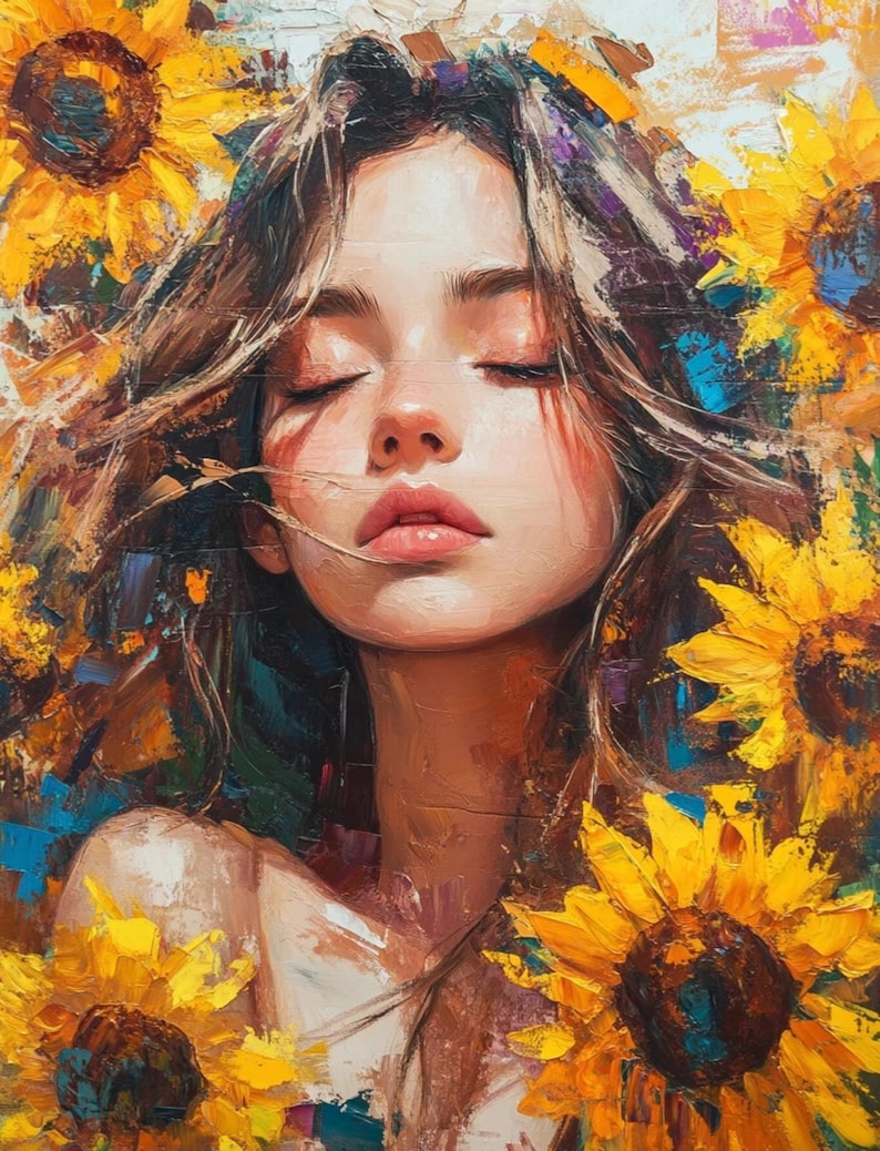 Sunflower Girl Portrait Oil Painting | Vibrant Impressionist Floral ...