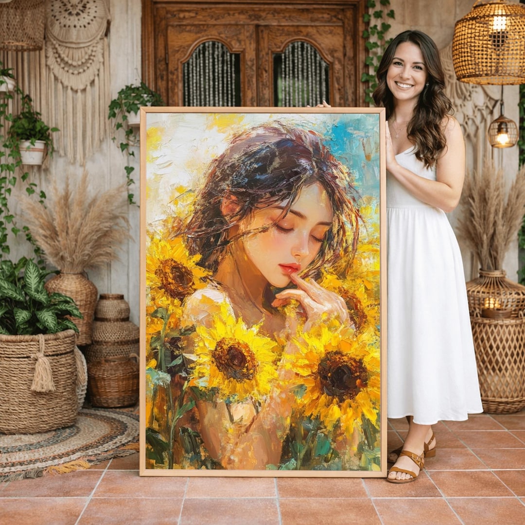 Impressionist Sunflower Portrait Painting | Woman Floral Boho Wall Art ...