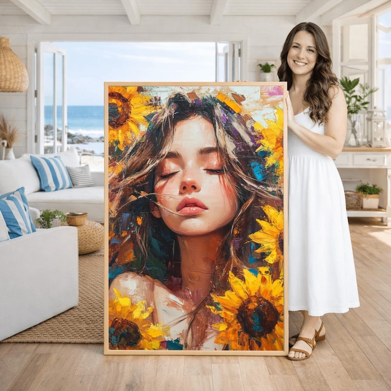 Sunflower Girl Portrait Oil Painting | Vibrant Impressionist Floral ...