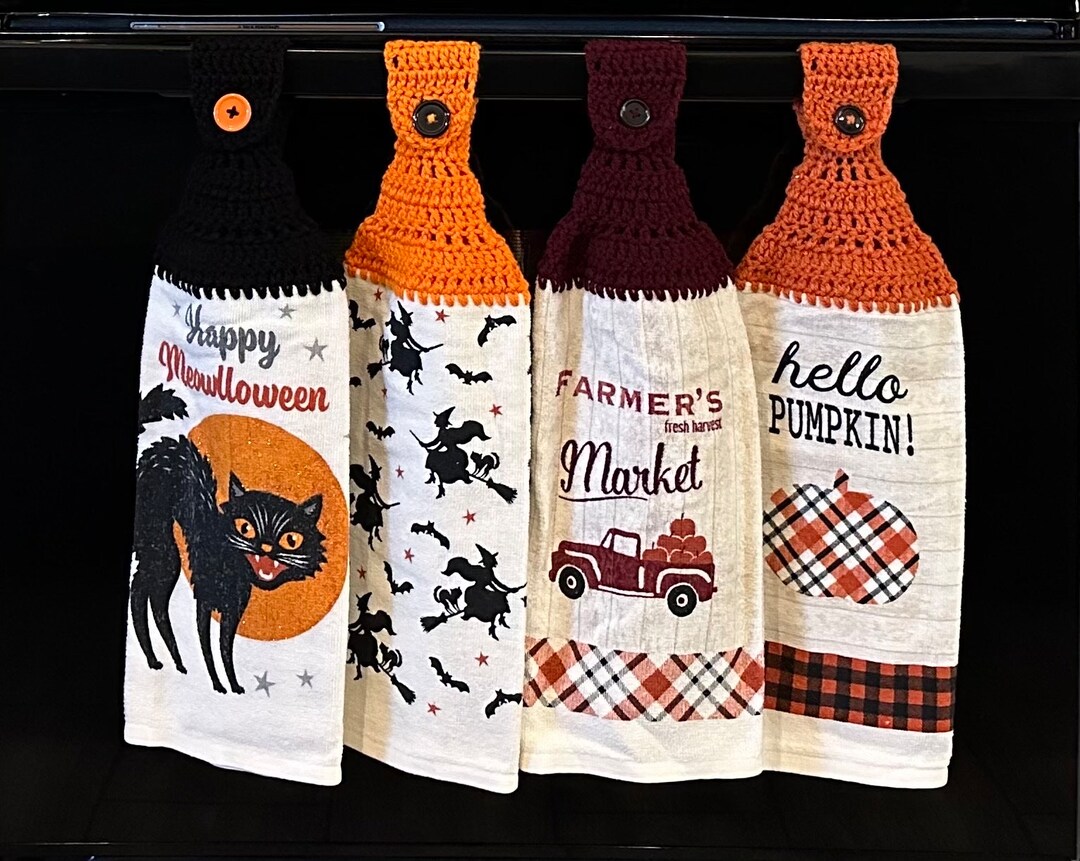 Halloween Towels, Crochet Top Towel, Button-on Towel, Hanging Kitchen ...