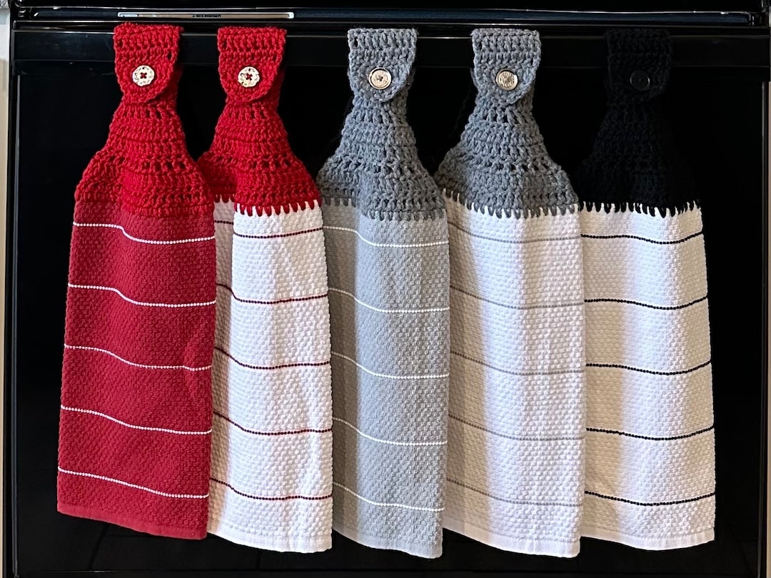 Crochet Top Towel, Hanging Kitchen Towel, Button-on Towel, Dish Towel ...