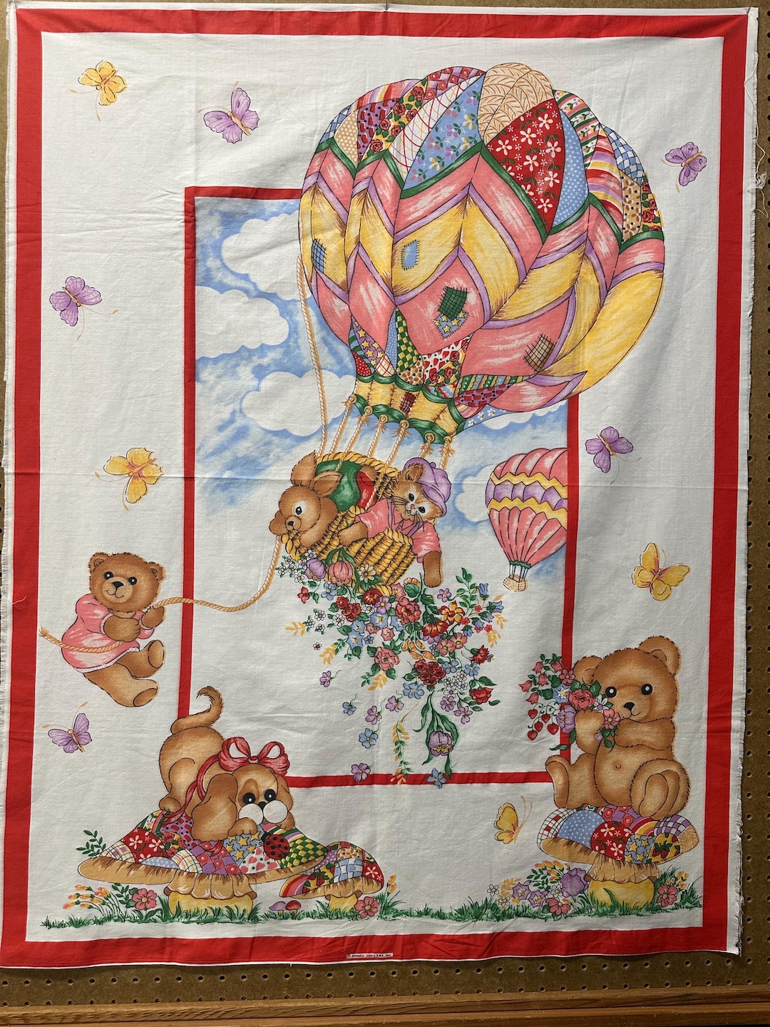 Hot Air Balloon Fabric Panel: Animals & Mushrooms Quilt Top - 34x44 ...