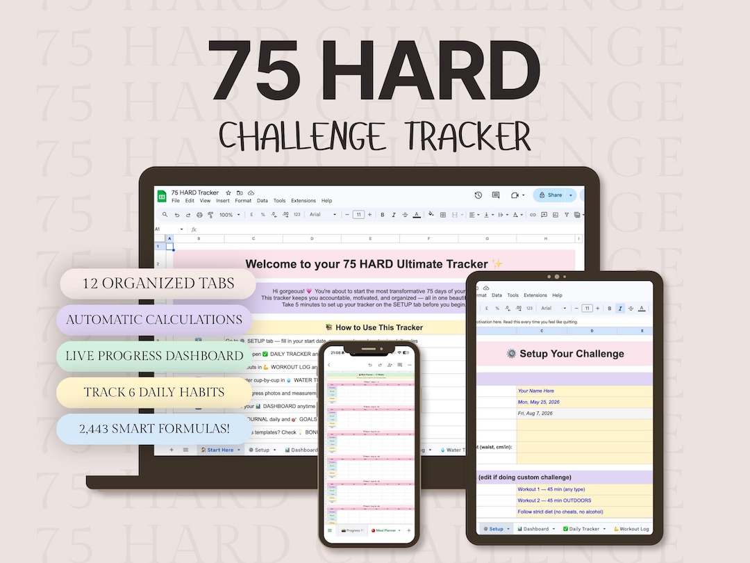 75 Hard Tracker Google Sheets Template | Dashboard Habit Journal Bundle ...