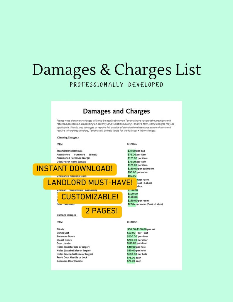 Damage Charge List for Landlords - Etsy