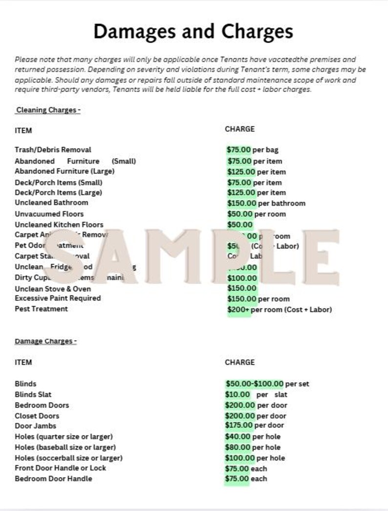 Damage Charge List for Landlords - Etsy