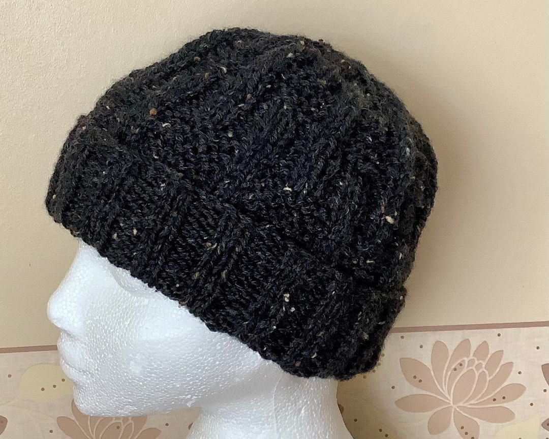 Dark Grey Knitted Hat. Warm, Wool Rich Slouchy Beanie, Rustic Aran ...