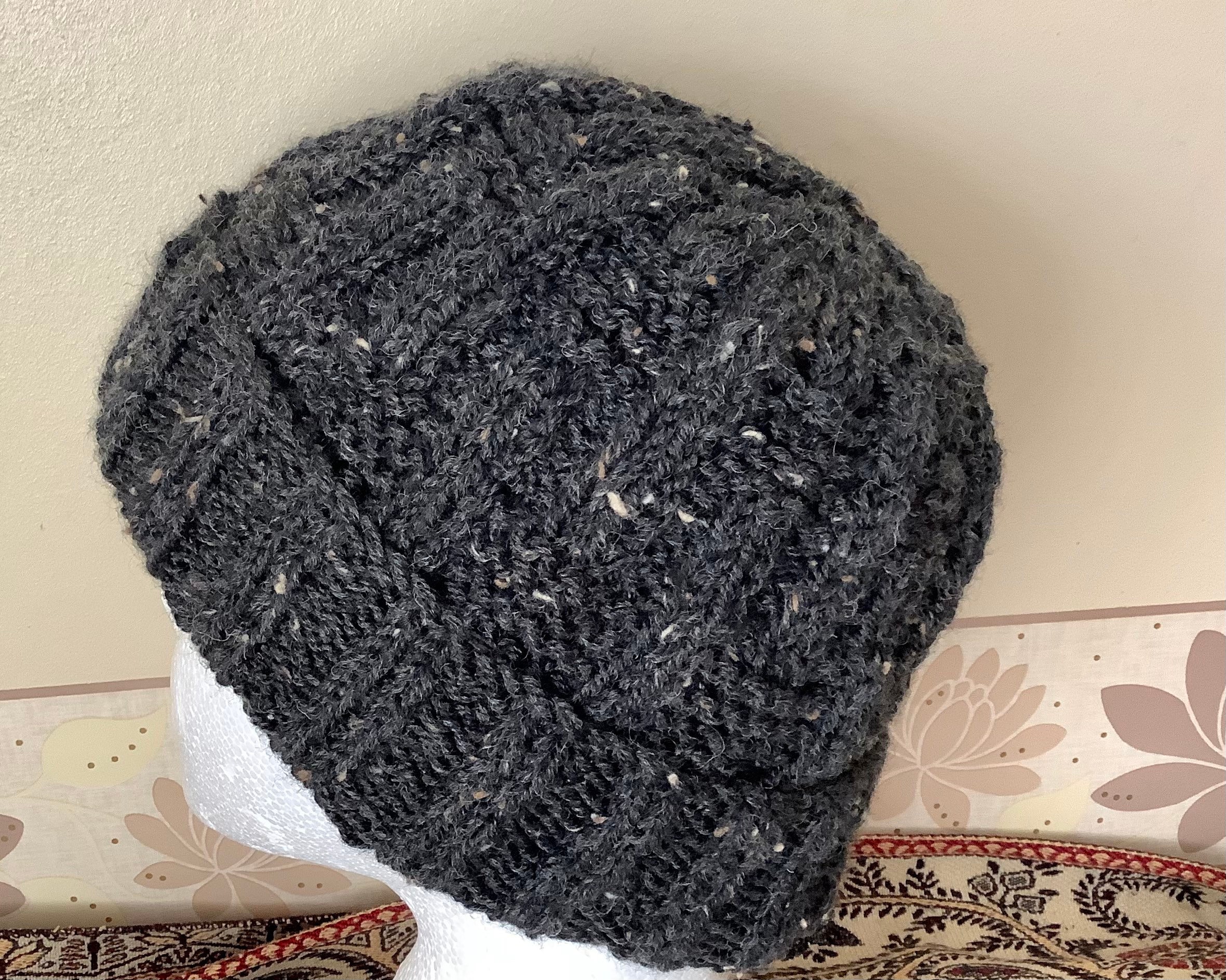 Dark Grey Knitted Hat. Warm, Wool Rich Slouchy Beanie, Rustic Aran ...