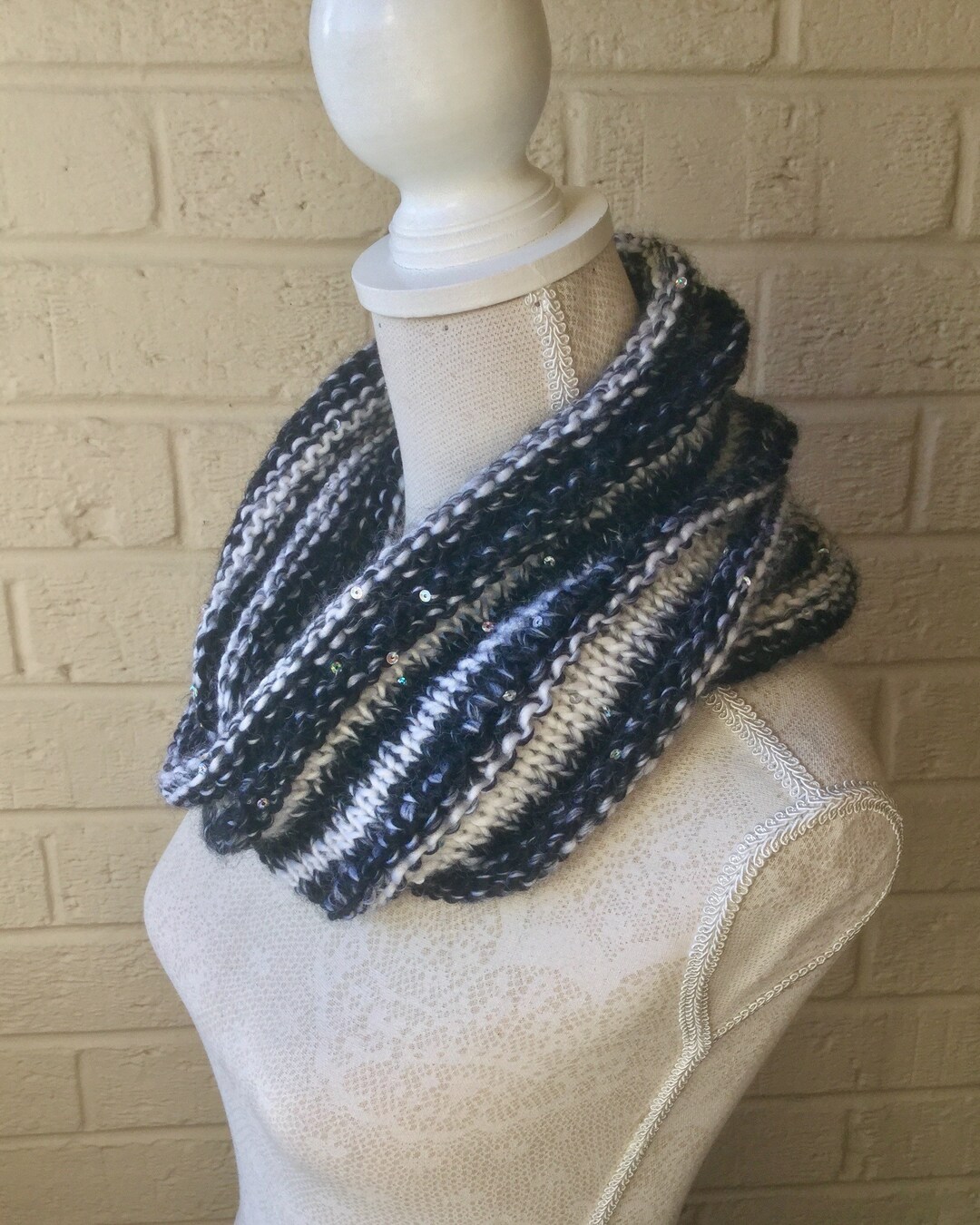 Wool Rich Sequin Hand Knit Cowl. Ladies Black & White Jewelled Circular ...