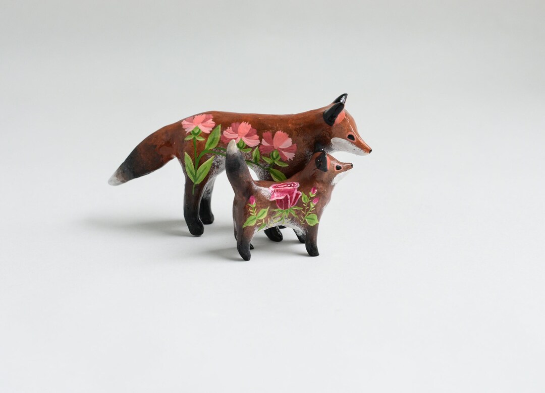 CUSTOM Parent and Baby Red Fox Talisman | Choose Your Birth Flowers ...