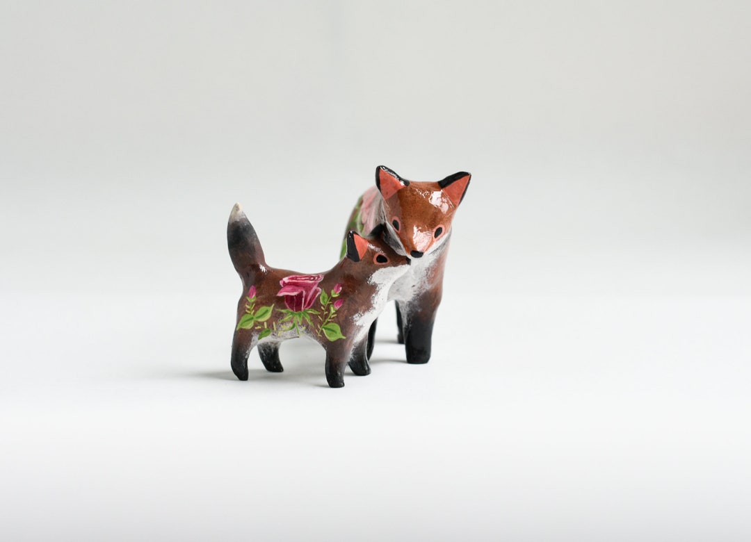 Custom Red Fox Talisman: Birth Flower Family Figurine, Mother and Baby ...