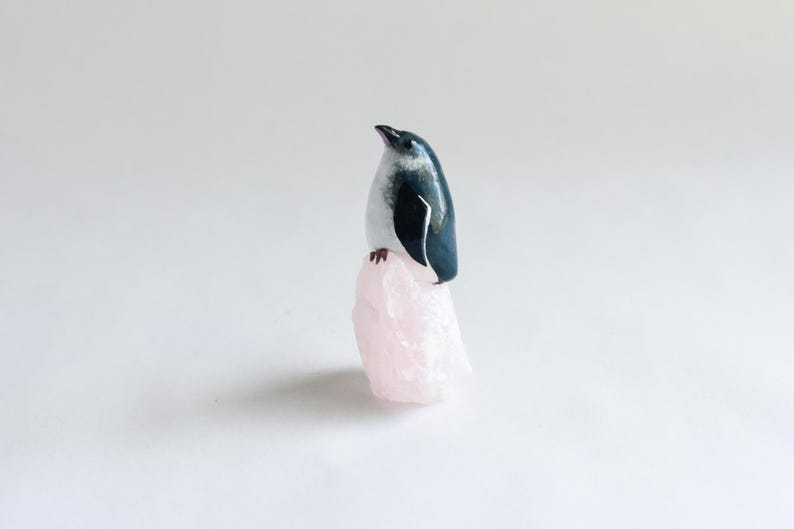 Little Blue Penguin Sculpture on Quartz Crystal: Fairy Penguin Figurine ...