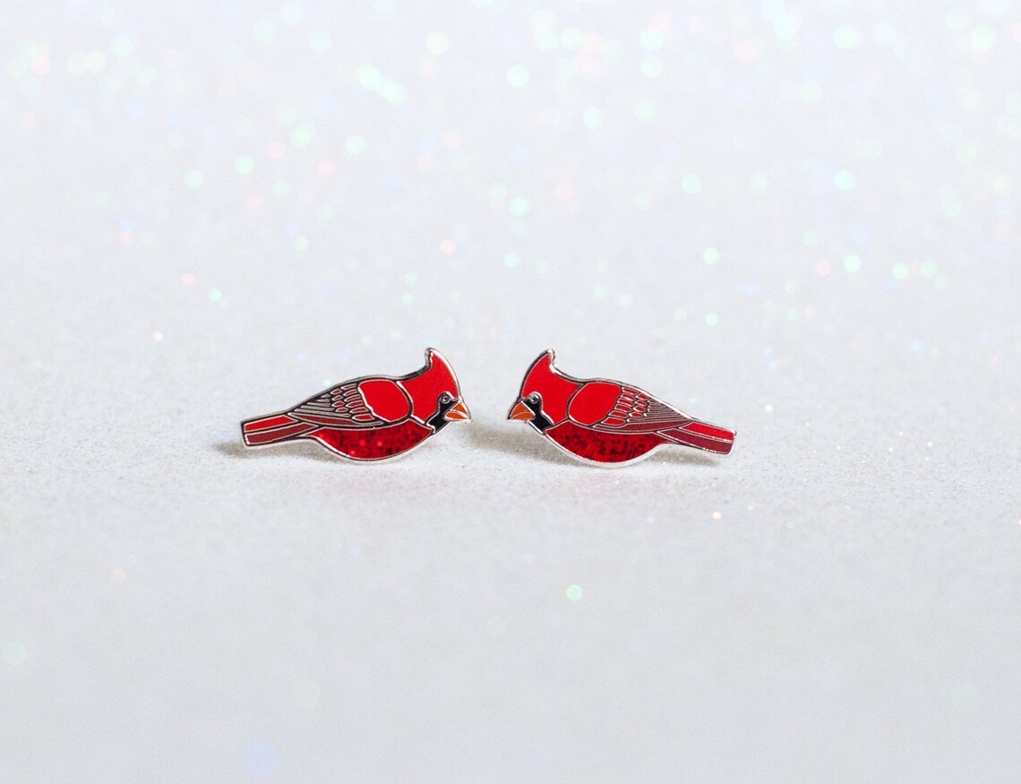 Cardinal Earrings Enamel Jewelry Stud Earrings Song Bird - Etsy