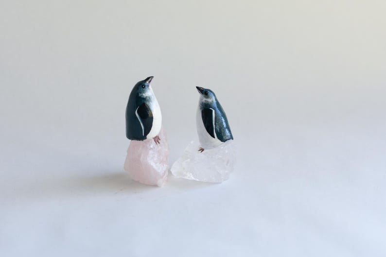 Little Blue Penguin Sculpture on Quartz Crystal: Fairy Penguin Figurine ...